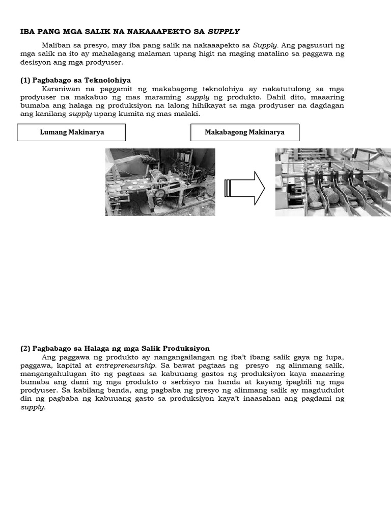 Mga Salik Na Nakakaapekto Sa Suplay | PDF