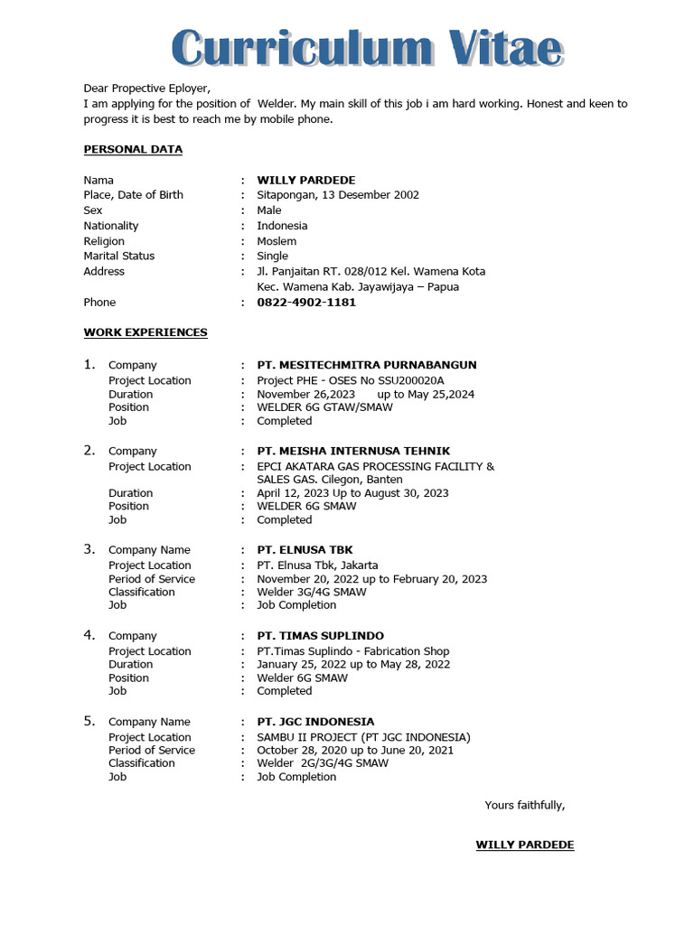 CV Welder Willy Pardede 6G SMAW/GTAW | PDF