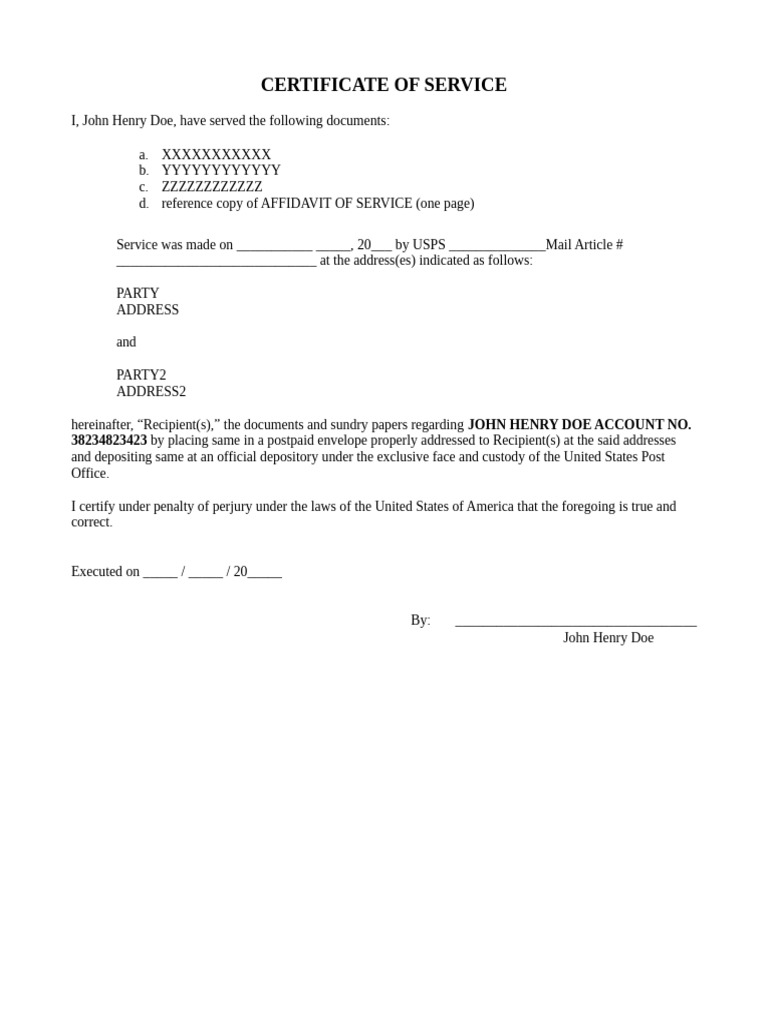 Certificate of Service - Super Formal (NO Jurat) | PDF