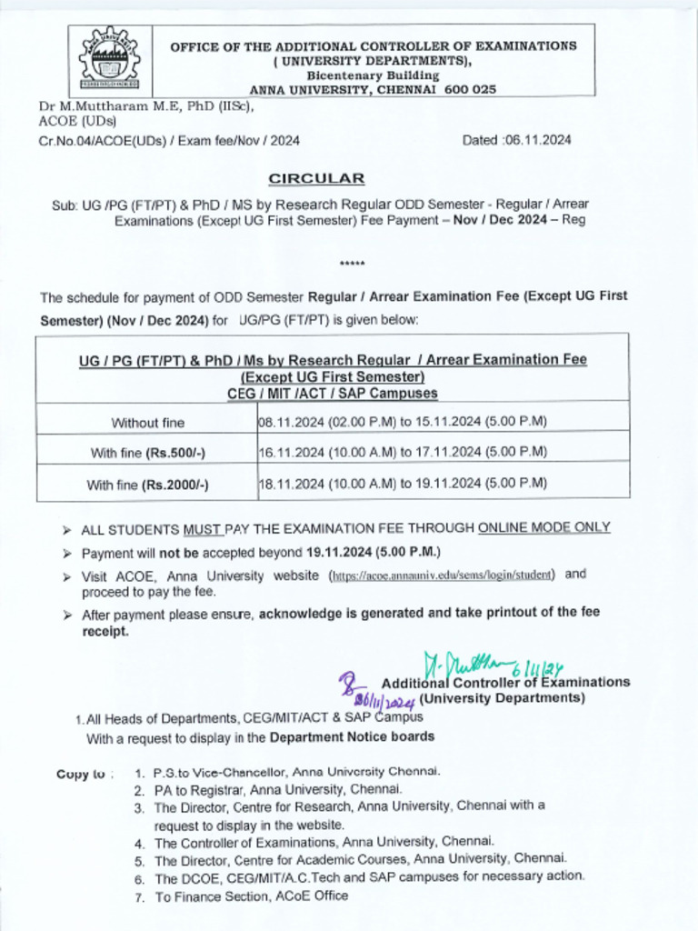 Circular For UG ODD SEM Exam Fee N24 | PDF