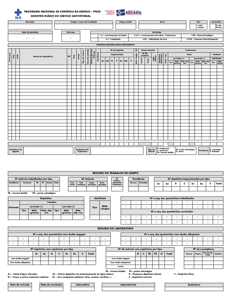 Programa Nacional de Controle Da Dengue Formulario Registro Diario | PDF