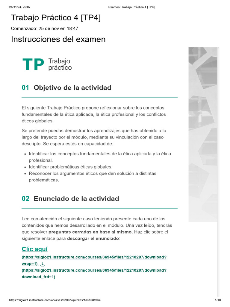 Examen - Trabajo Práctico 4 Etica 97% (TP4) | PDF | Bioética | Moralidad