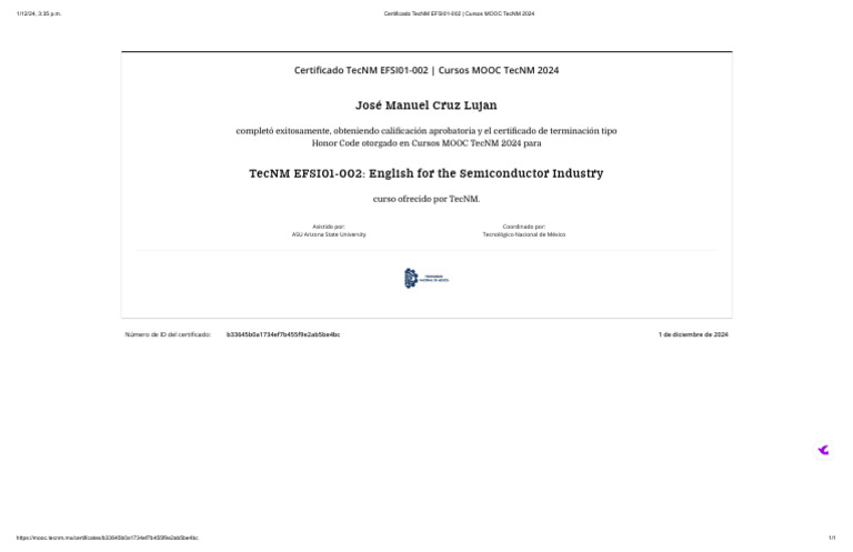 Certificado TecNM EFSI01-002 - Cursos MOOC TecNM 2024 | PDF