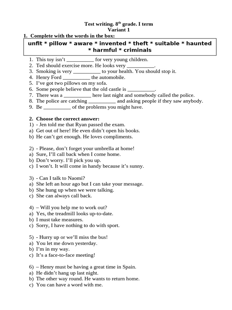8th Grade English Test I Term | PDF