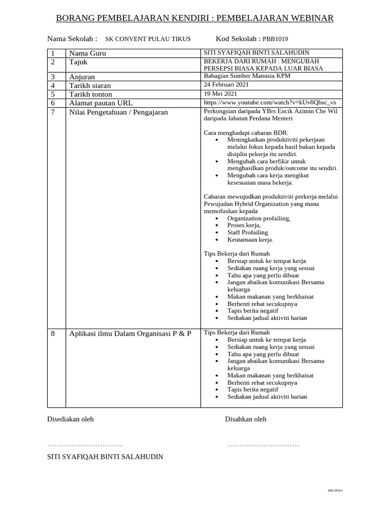 Borang Pembelajaran Kendiri, Siti Syafiqah Binti Salahudin Siri 1. 2021 ...