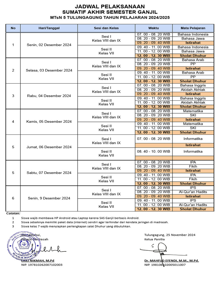Jadwal Sas Ganjil 2024-2025 - Siswa | PDF