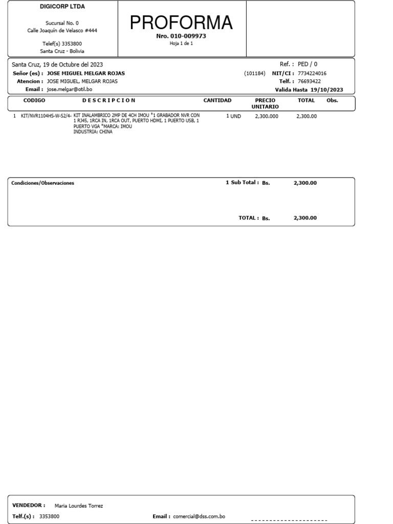 Proforma: Santa Cruz, 19 de Octubre Del 2023 Ped / 0 Ref. | PDF