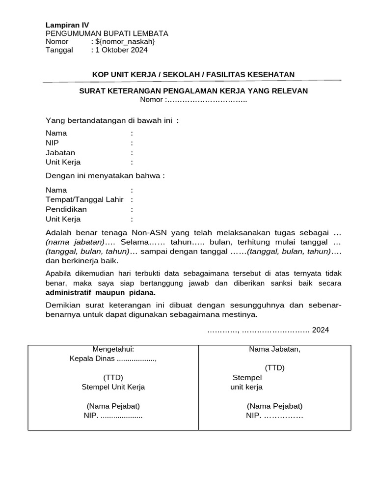 LAMPIRAN IV SURAT KETERANGAN PENGALAMAN KERJA | PDF