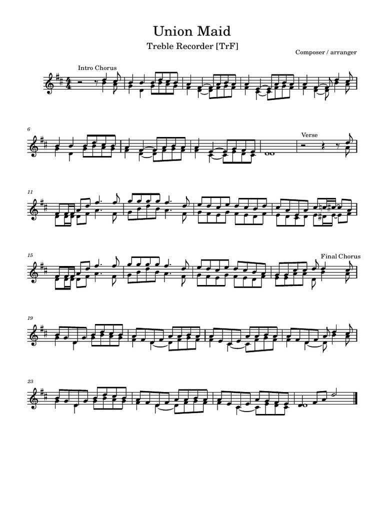 Union Maid For Treble Recorder | PDF