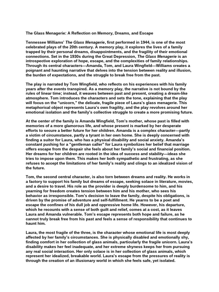 The Glass Menagerie_ A Reflection on Memory, Dreams, and Escape | PDF ...