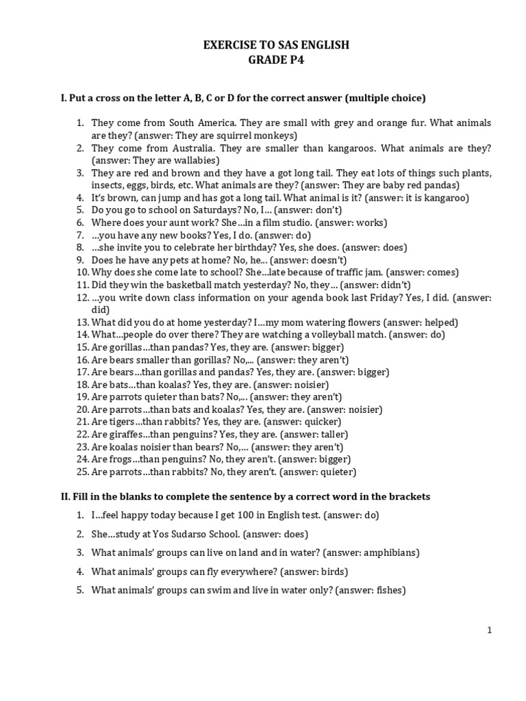 Exercise To SAS English Grade P4-Odd 2024 | PDF | Fruit | Squirrel