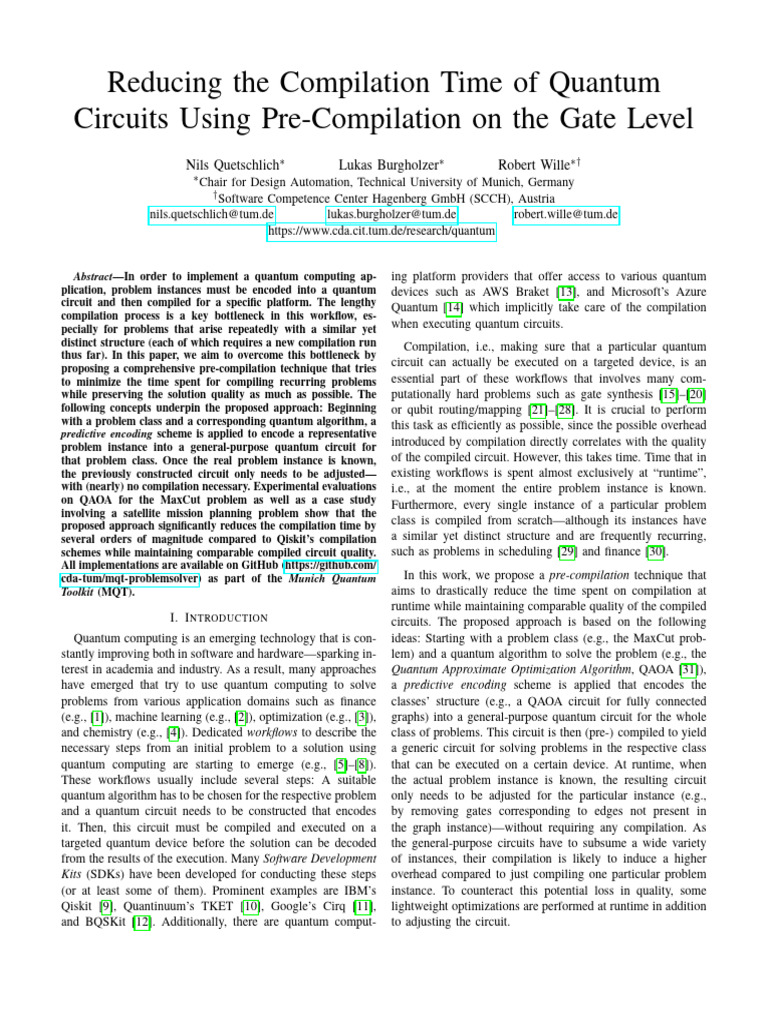 Reducing The Compilation Time of Quantum Circuits Using Pre-Compilation On The Gate Level | PDF ...