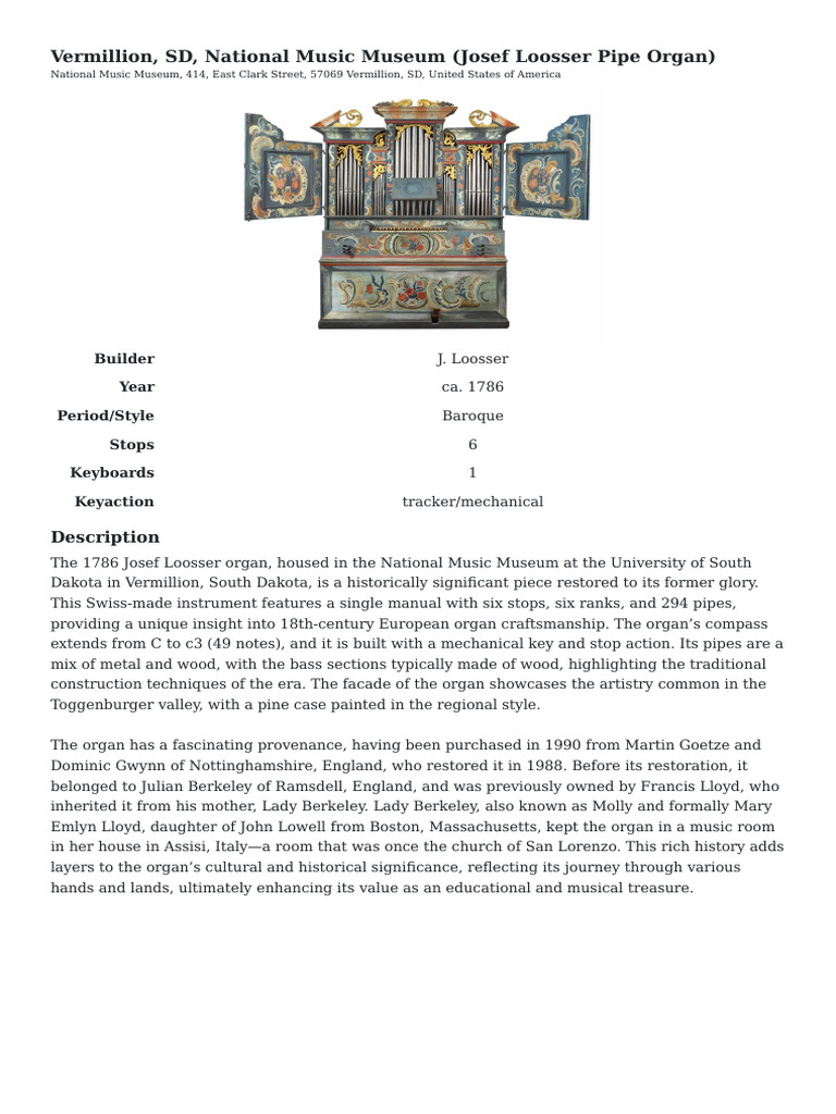 Vermillion, SD, National Music Museum (Josef Loosser Pipe Organ) | PDF