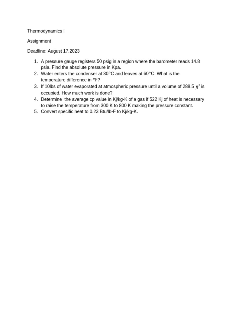Thermodynamics I Assignment | PDF