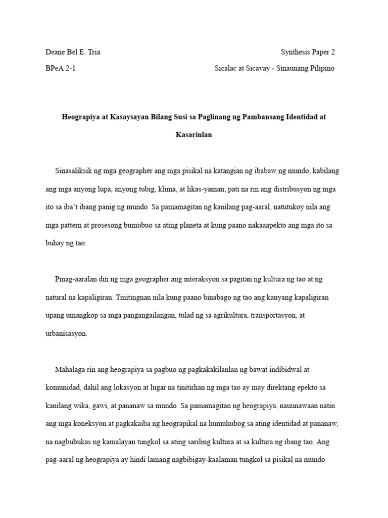 RPH - Synthesis Paper 2 (Sicalac at Sicavay - Sinaunang Pilipino) | PDF