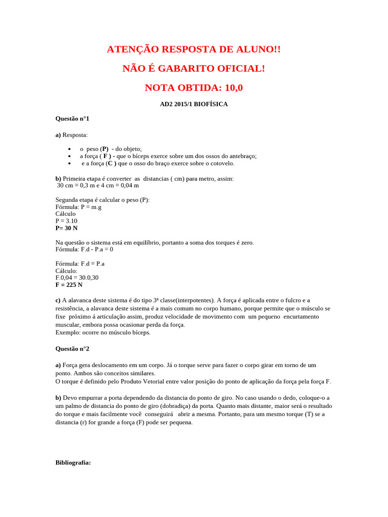 AD2 Biofisica 2015-1 RESPOSTA DE ALUNO | PDF