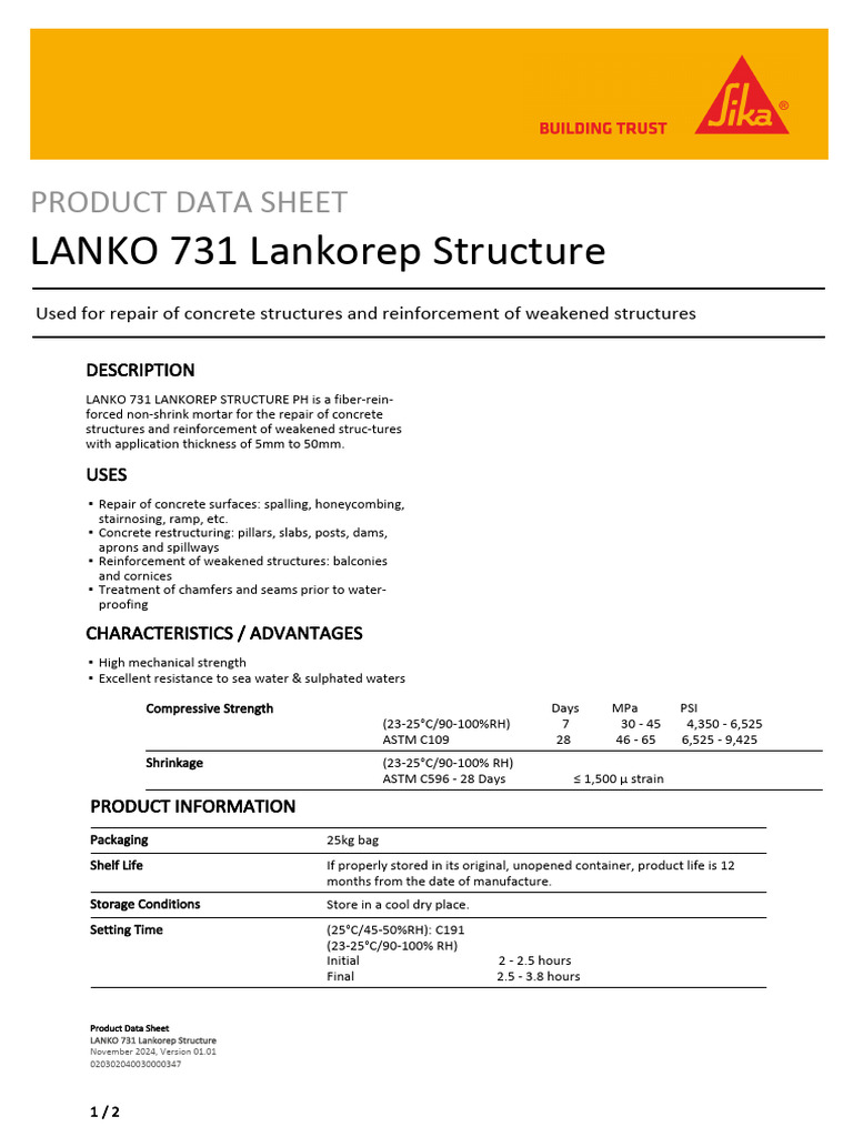 LANKO 731 Repair Mortar Overview | PDF | Concrete | Corrosion