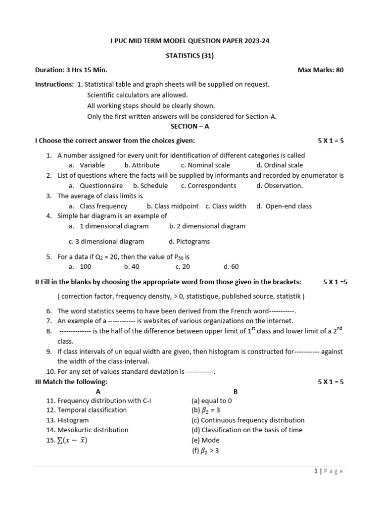 1st PUC Statistics Mid Term Model Paper | PDF | Statistics | Histogram