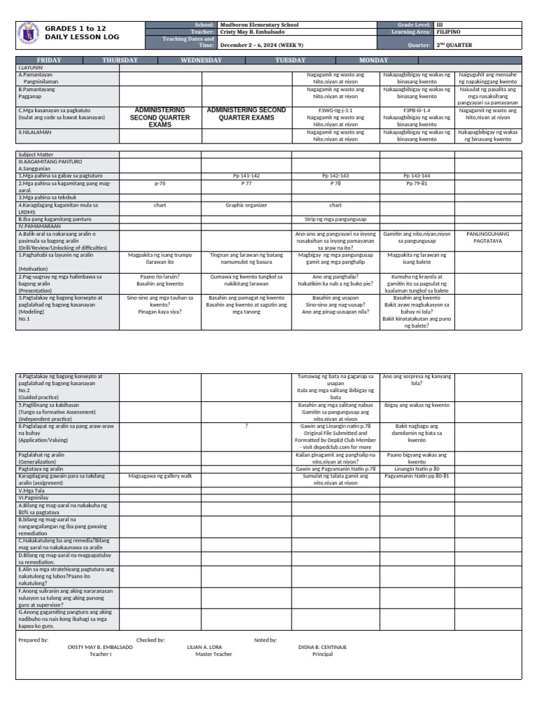 DLL - Filipino 3 - Q2 - W9 | PDF