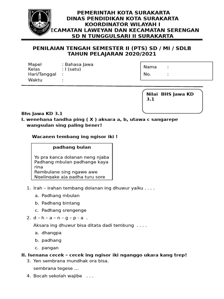 SOAL PTS SEM 2 BAHASA JAWA | PDF