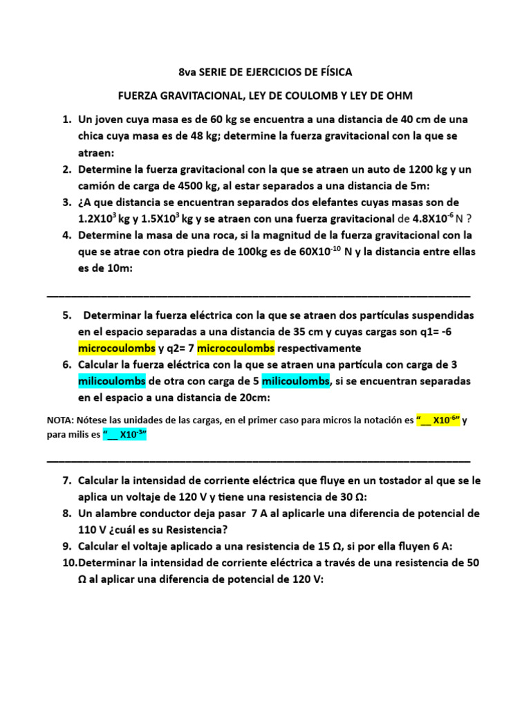 8va SERIE DE EJERCICIOS DE FÍSICA | PDF