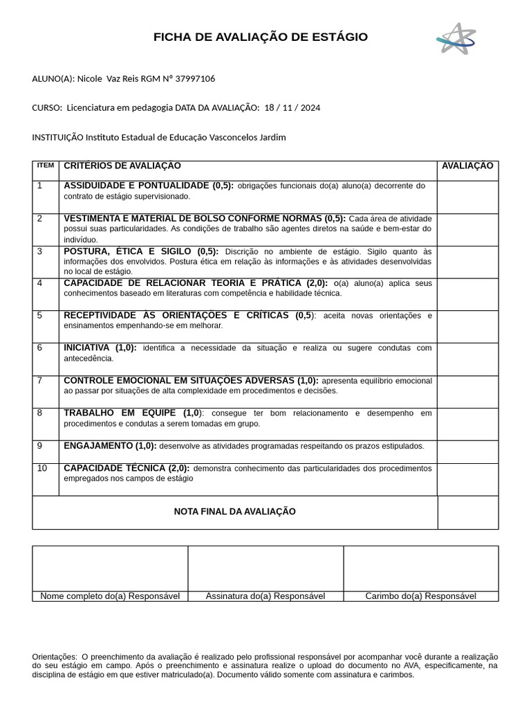 Ficha de Avaliacao de Estagio (1) | PDF Ficha de Avaliacao de Estagio (1) | PDF