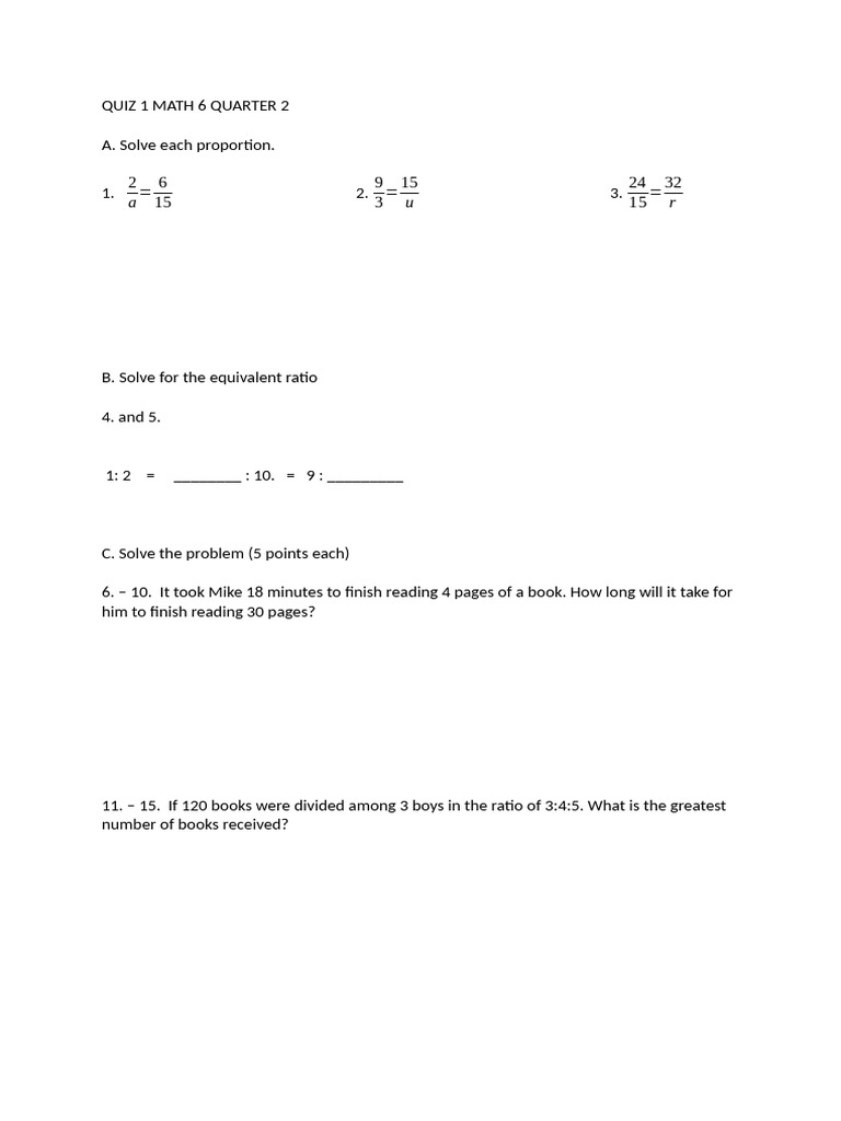 Quiz 1 Math 6 Quarter 2 | PDF