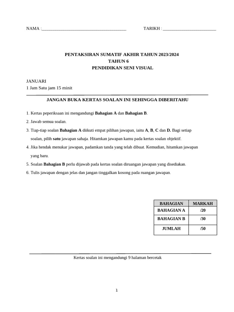 Soalan Uasa PSV TAHUN 6 | PDF