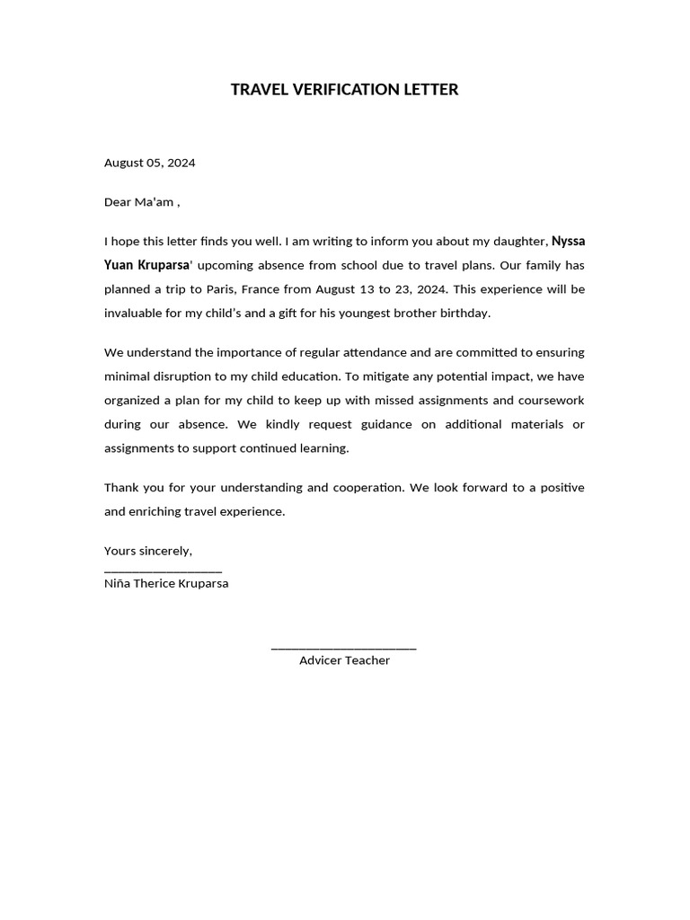 Travel Verification Letter for School Absence | PDF