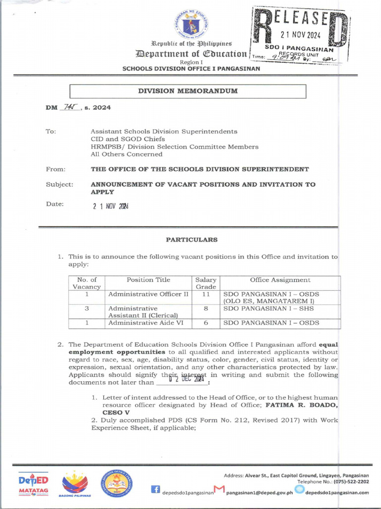 DM745s2024-ANNOUNCEMENT OF VACANT POSITIONS AND INVITATION TO APPLY | PDF