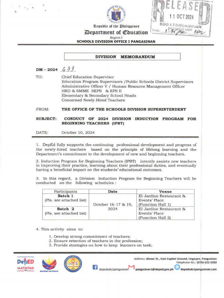 DM633s2024-CONDUCT OF 2024 DIVISION INDUCTION PROGRAM FOR BEGINNING ...
