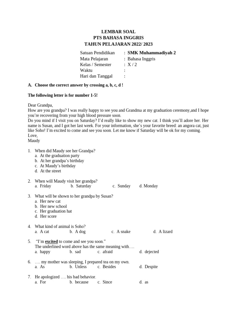 Soal PTS BHS Inggris KLS Xi Genap 2023 | PDF