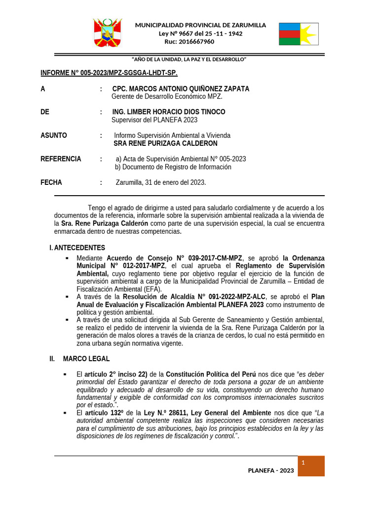 Informe 005 e Vivienda Sra Rene Purizaga Calderon | PDF | Residuos ...