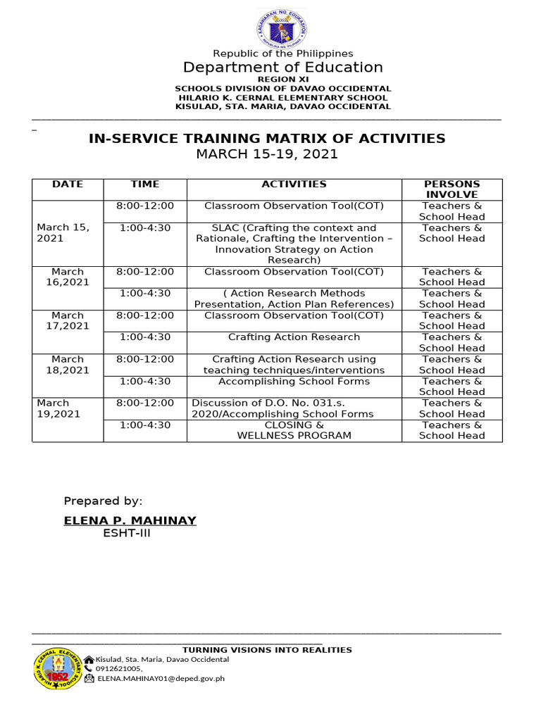 Matrix Inservice Training | PDF | Teachers | Learning