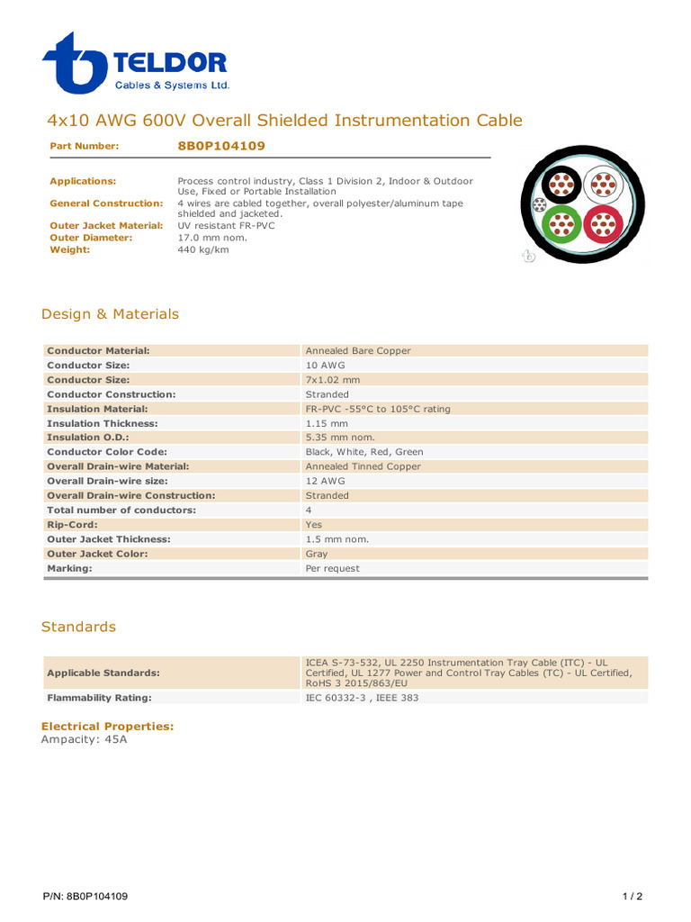8b0p104101 Cable Control 4x10 Awg 600v + Foil | PDF | Electrical ...
