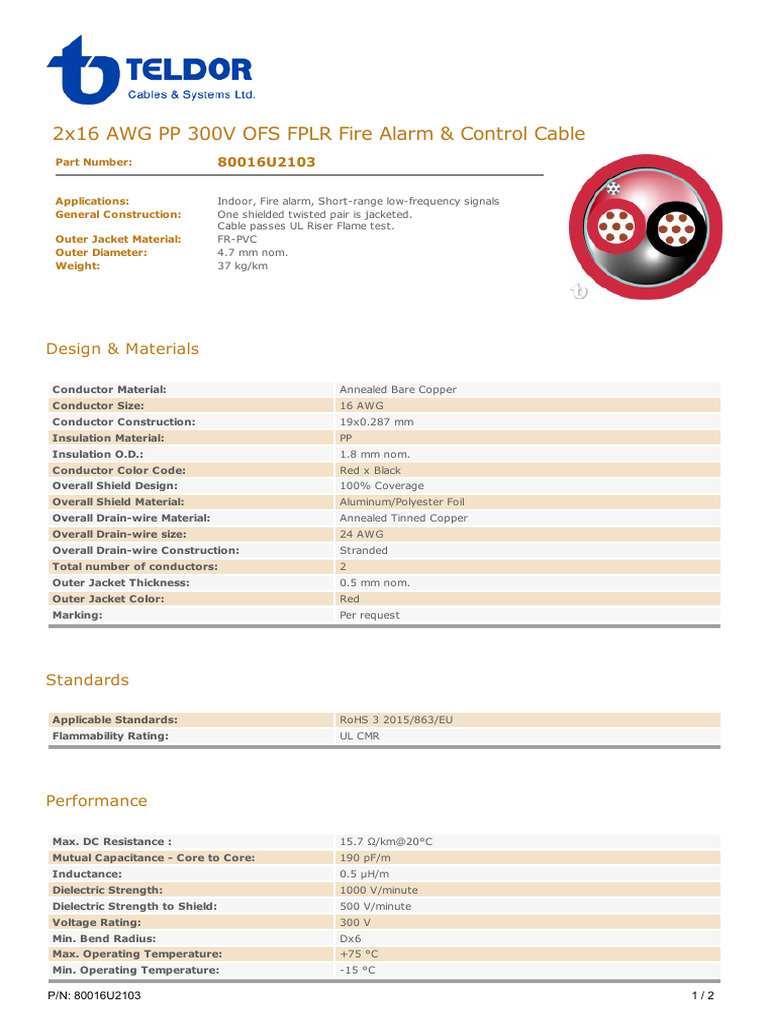 2x16 AWG - Sup - PP 300V OFS FPLR Fire Alarm Control Cable - 80016U2103 ...