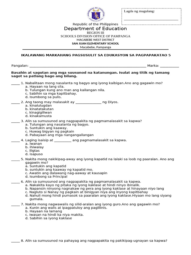 Second Quarter Examination ESP5 | PDF