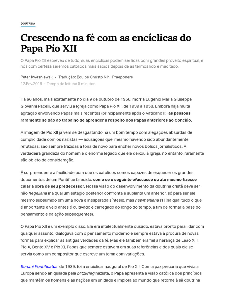 Legado e Encíclicas do Papa Pio XII | PDF | Papa Pio XII | Igreja católica