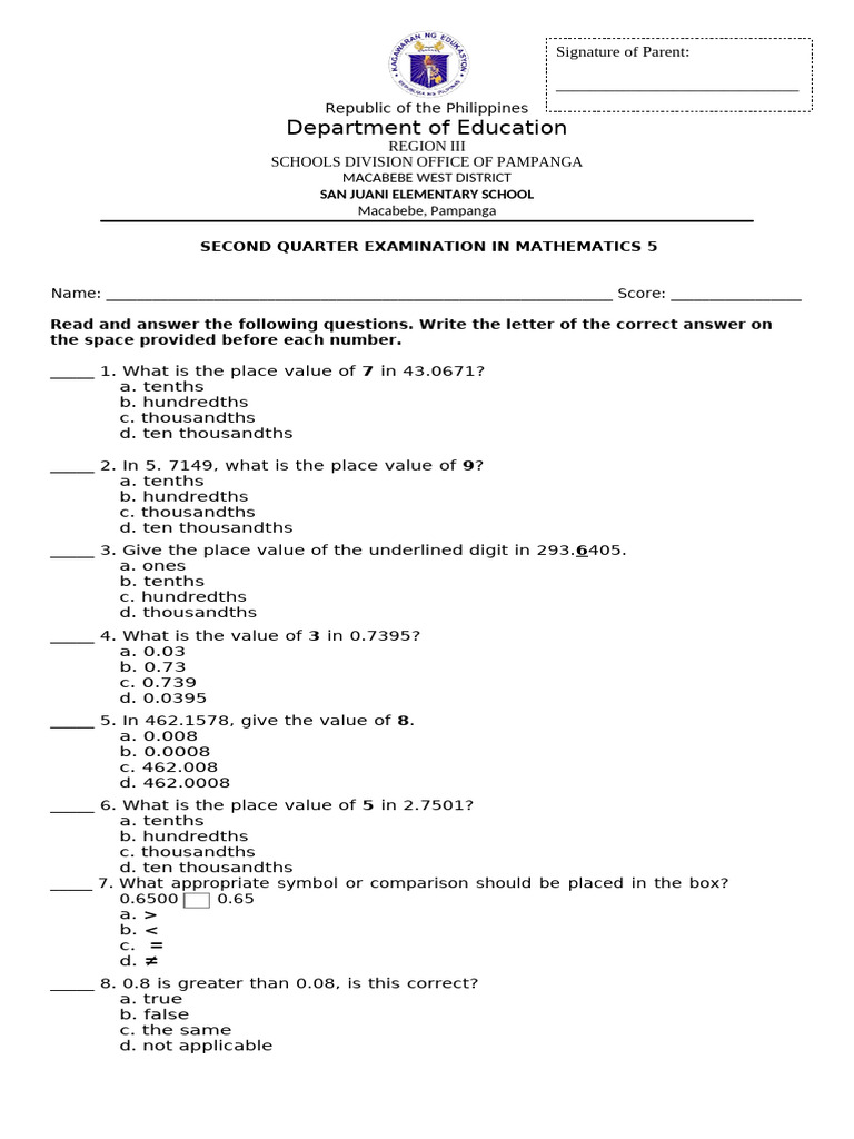 Second Quarter Examination MATHEMATICS5 | PDF | Mathematics | Notation