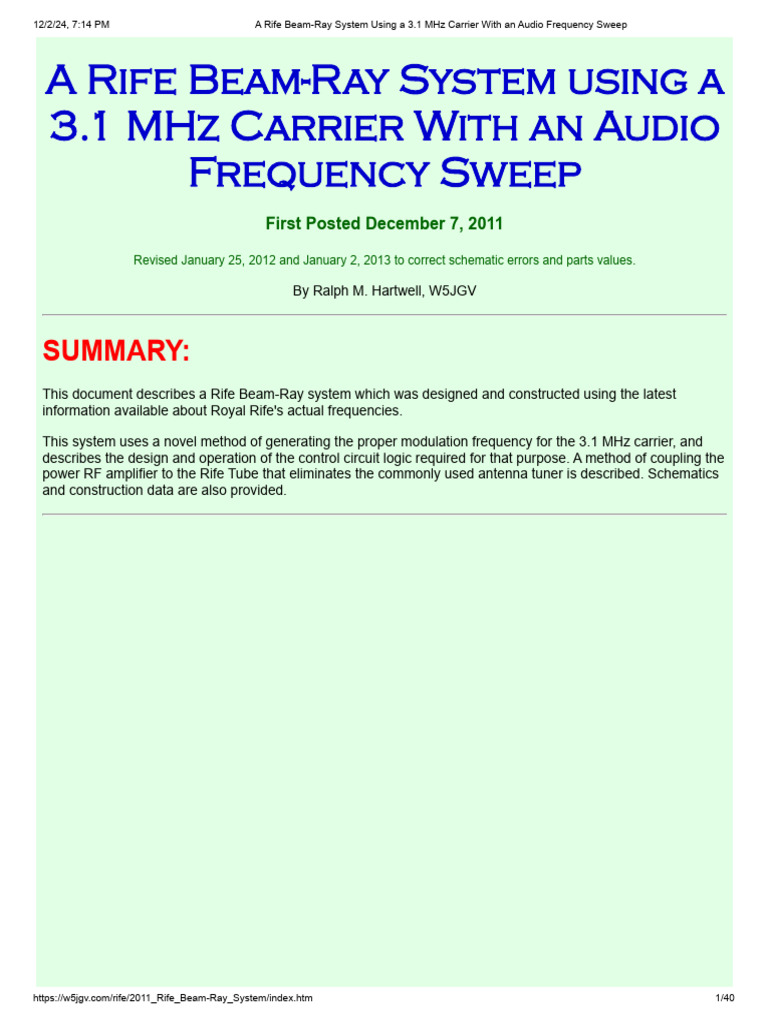 A Rife Beam-Ray System Using A 3.1 MHZ Carrier With An Audio Frequency ...
