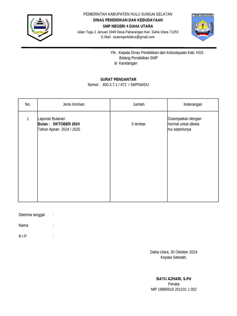 Lap.bul-smpn 4 Daha Utara_oktober 2024 | PDF