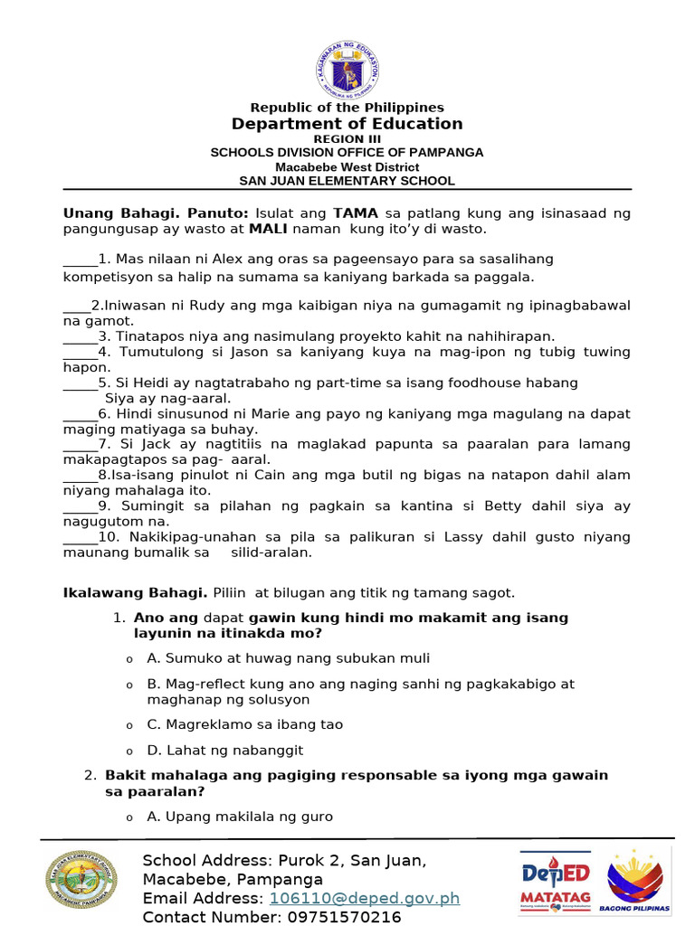 Paunang-Pagsusulit-sa-Edukasyon-sa-Pagpapahalaga-VI | PDF