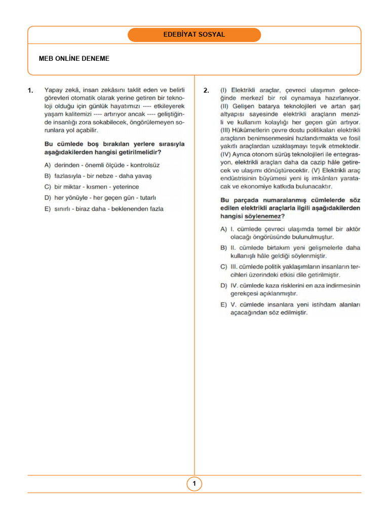Meb Onli̇ne Deneme Ayt TM | PDF