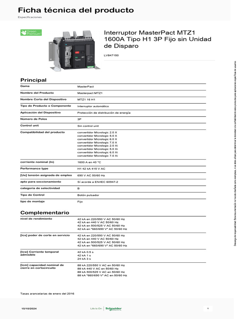 Interruptor MasterPact MTZ1 1600A 3P | PDF | Ingenieria Eléctrica ...