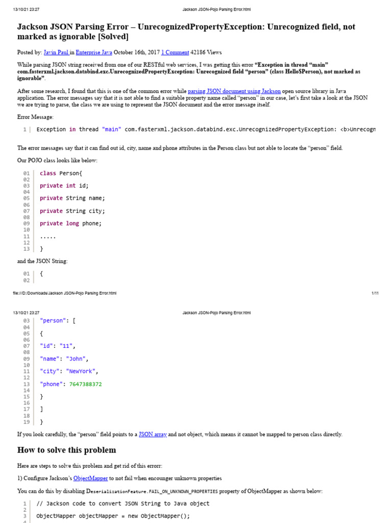 Jackson Json Pojo Parsing Error - HTML | PDF | Software Engineering | Computer Programming