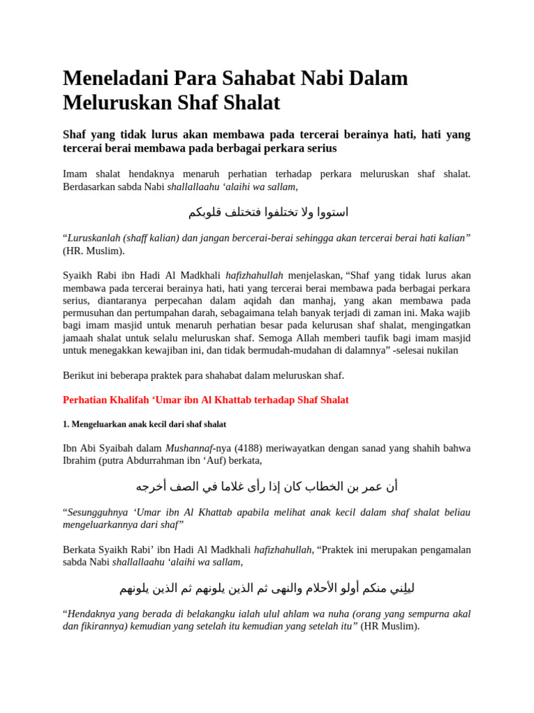 Meneladani Para Sahabat Nabi Dalam Meluruskan Shaf Shalat | PDF