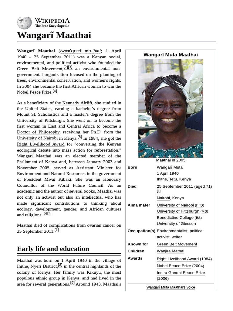 Wangari Maathai: Life and Legacy | PDF