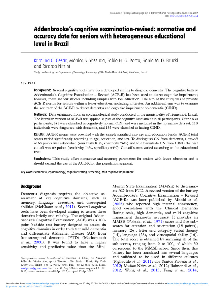 Artigo Addenbrooke S 2017 | PDF | Dementia | Clinical Medicine