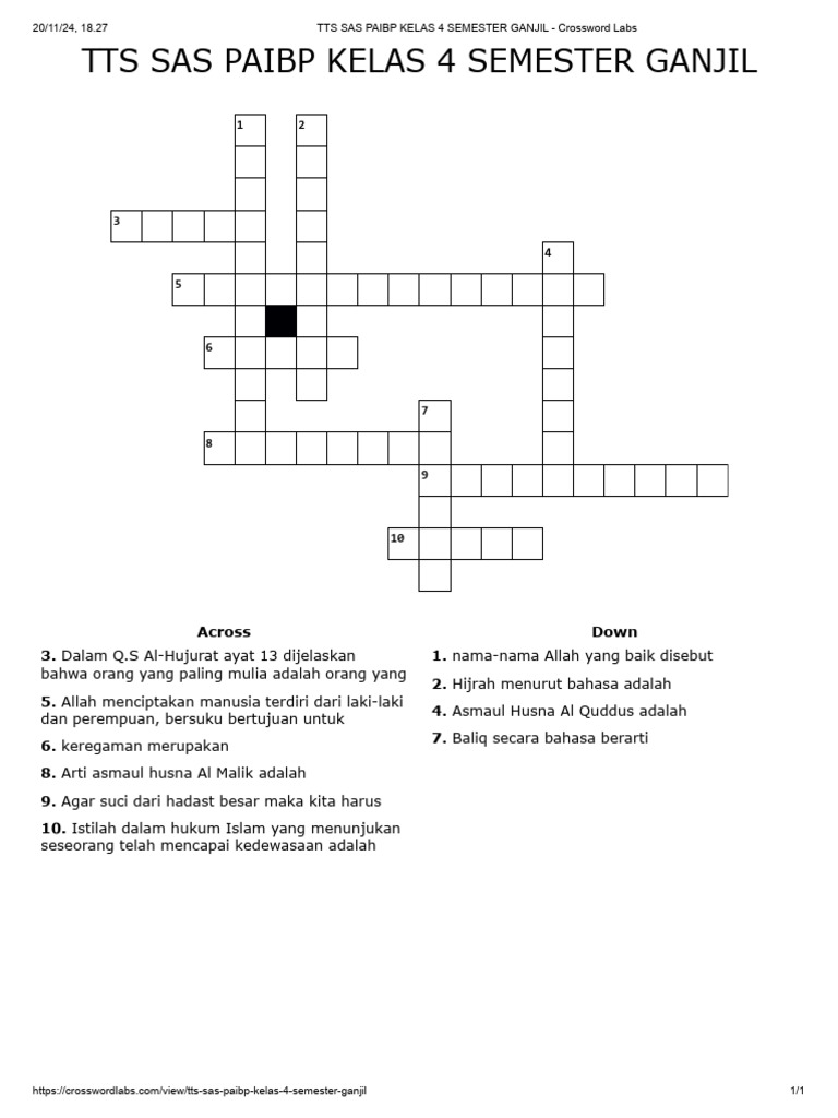 TTS SAS PAIBP KELAS 4 SEMESTER GANJIL - Crossword Labs | PDF