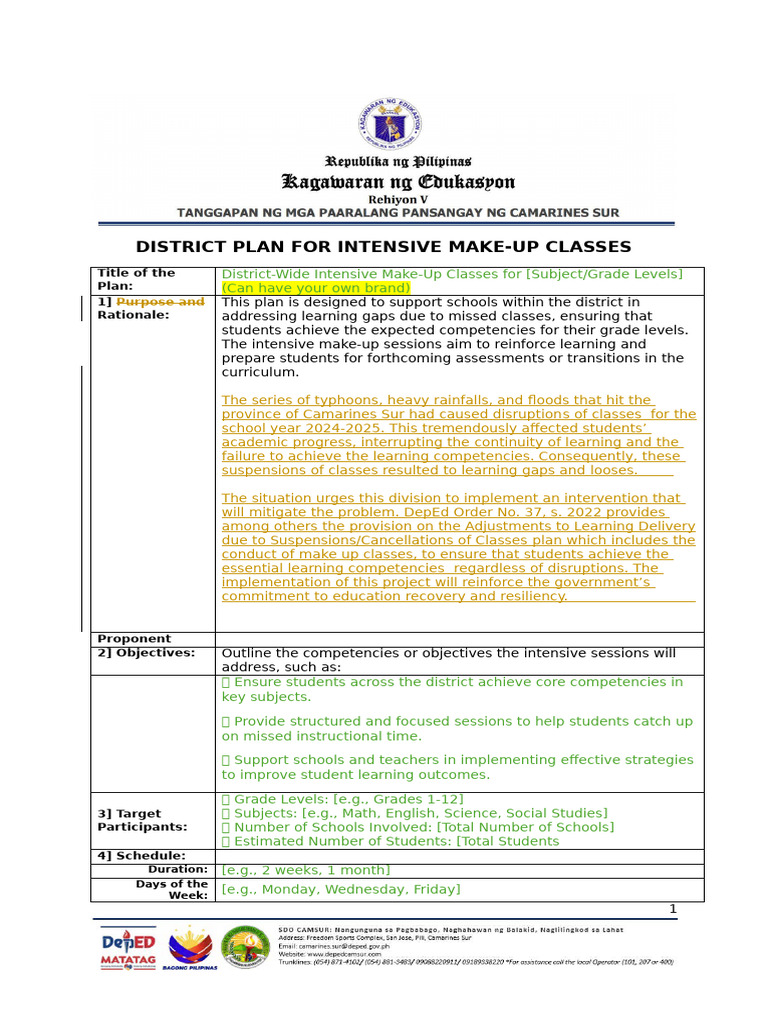 District Plan for Make-Up Classes | PDF | Educational Assessment | Teachers